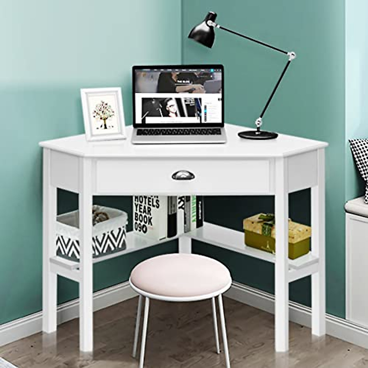 Tangkula White Corner Desk, Corner Computer Desk with Drawer for Small Space, Small Corner Makeup Vanity Desk, 90 Degrees Triangle Corner Desk with Storage Shelves