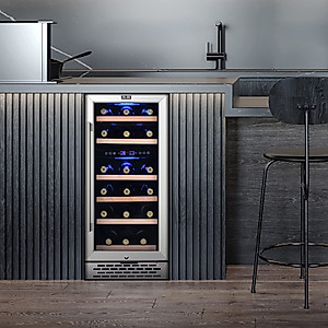 15 Inch Wine Cooler Under Counter, 28 Bottle Dual Zone Wine Fridge, Stainless Steel Built-in/Freestanding Wine Refrigerator, Double-Layer Tempered Glass Door with Lock, Fit Red & White Wine