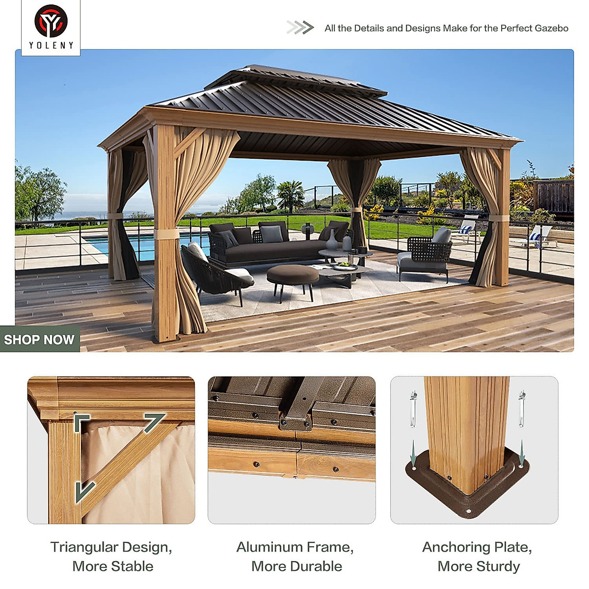 YOLENY 12'x16' Hardtop Gazebo, Wood Grain Aluminum Frame Outdoor Gazebo with Double Galvanized Steel Roof, Permanent Metal Pavilion with Curtains and Nettings for Patio, Backyard, Deck and Lawns