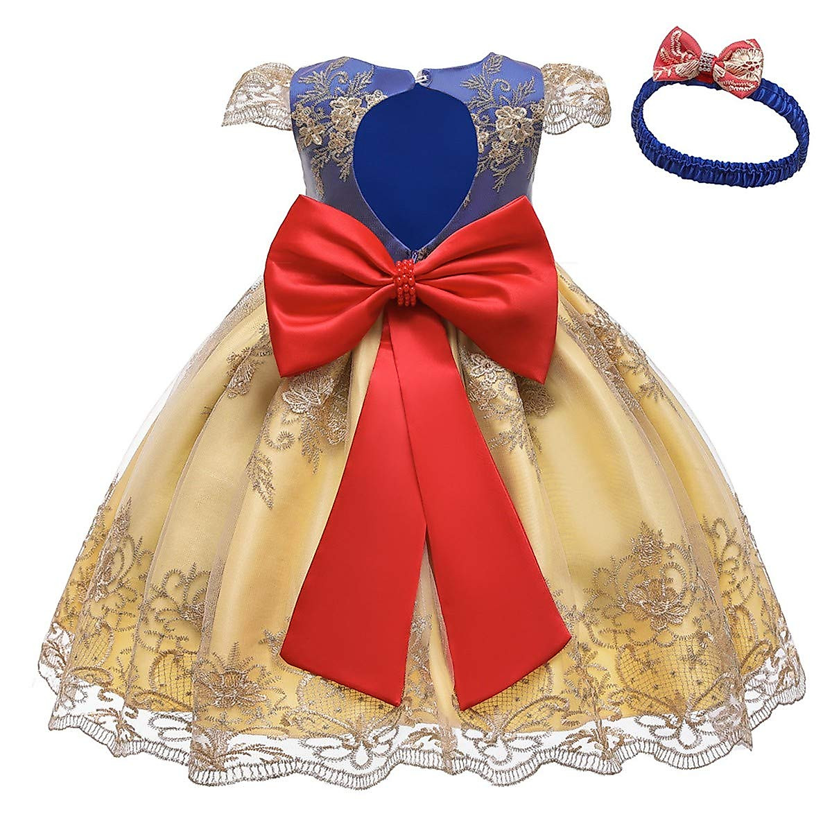 HOIZOSG Baby Girls Christening Dress Snow White Birthday Party Prom Embroidered Lace Baptism Bowknot Tutu Gown w/Headwear Yellow