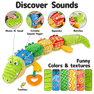 Sumobaby Infant Baby Musical Stuffed Animal Activity Soft Toys with Teether, Multi-Sensory Crinkle, Rattle and Textures, for Tummy Time Newborn 0-3-6-12 Months Boys, Girls, Crocodile (Alligator)