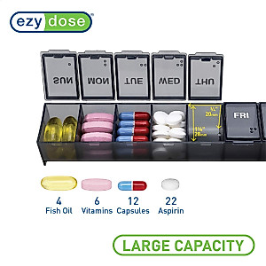 EZY DOSE Weekly (7-Day) Pill Case, Medicine Planner, Vitamin Organizer Box, Convenient and Easy to Use, Large Compartments, Travel Friendly, Black, Made in the USA, BPA Free