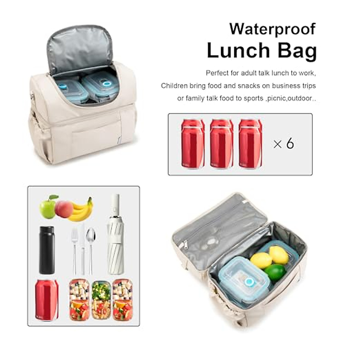 NOL Natural Organic Lifestyle Adult Lunch Box Insulated Lunch Bag Large Dual Compartment Lunch Bag Coolers Lightweight Nylon Waterproof Lunch Box for Work, Picnic, Travel, Outdoors, Cream