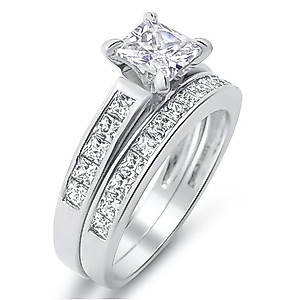 Princess Cut Wedding Ring Set for Women White Gold 1 Carat Center Moissanite Bridal Sets Wedding Rings Engagement Ring Set Platinum Plated Silver 10K 14K 18K Gold with Text Engraving (Platinum Plated Silver)