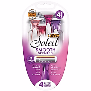 BIC Soleil Smooth Scent Women’s Disposable Razor, 3 Blades with a Moisture Strip For a Silky Shave, Assorted, 4 Piece Razor Set (ST3WP41-ART)
