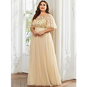 Ever-Pretty Women's Round Neck A-Line Tulle Sequin Plus Size Formal Dresses for Women Gold US18