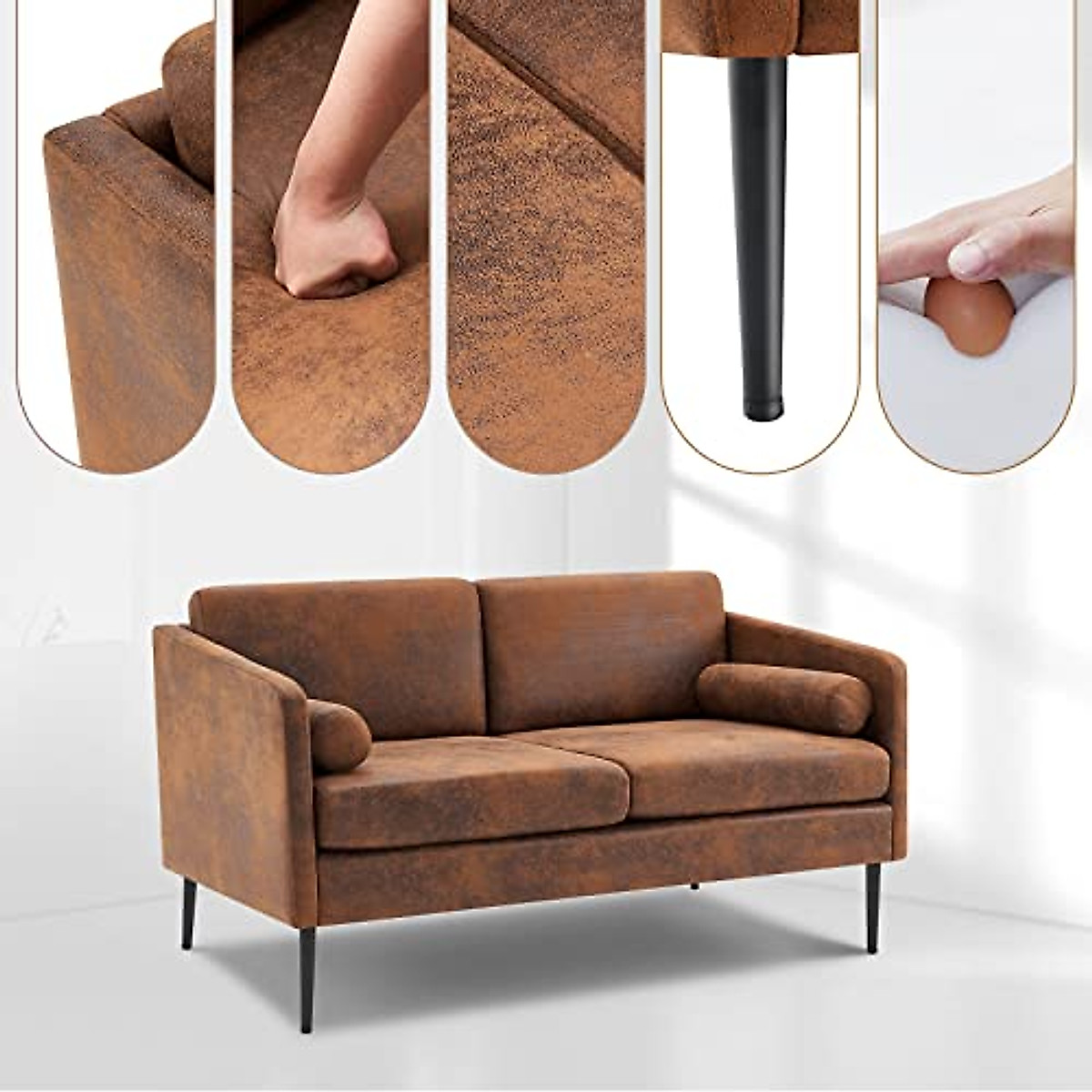 VINGLI 52"W Deep Couches for Living Room, Mini Modern Mid Century Tufted Futon Sofa Loveseat Retro/Vintage Microfiber 2 Club Seater Love Seat Sofas for Bedroom, Office, RV, Loft, Small Spaces, Rustic