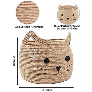 VK Living Animal Baskets Large Woven Cotton Rope Storage Basket with Cute Cat Design Animal Laundry Basket Organizer for Towels, Blanket, Toys, Clothes, Gifts – Pet or Baby Gift Baskets 15‘’ L x 14H