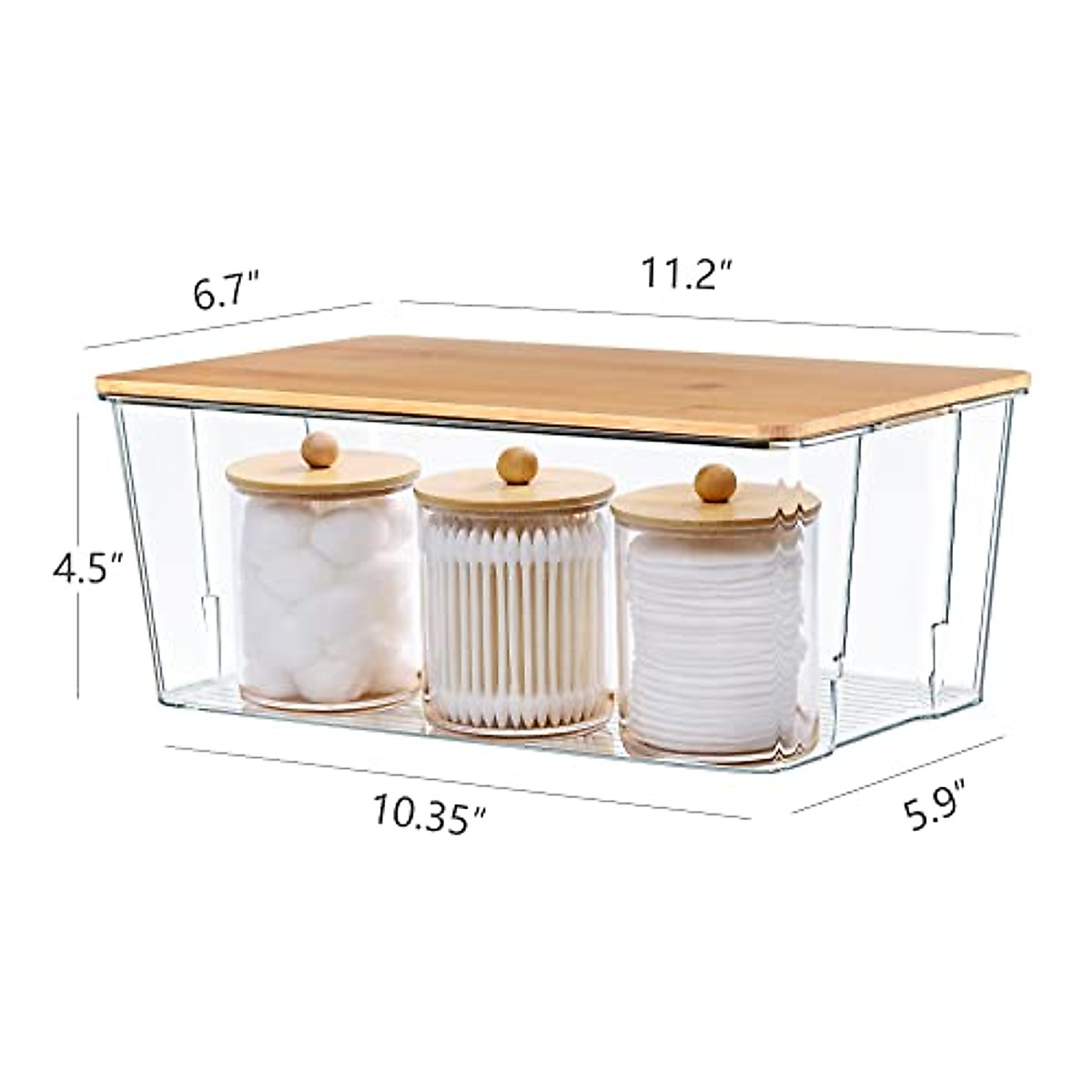Hudgan Plastic Storage Containers with Bamboo Lids, Medicine Cabinet Organizer Drawer Organizers Clear Bins with Lids for Organizing Pantry or Bathroom - 4.5 Inches Tall - Set Of 4