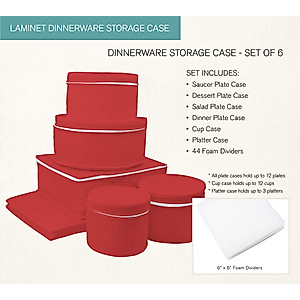 LAMINET 6 Piece Quilted Dinnerware Storage Starter Set - Includes 4 Plate Cases, 1 Cup Case & Platter Case - RED