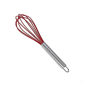 KUFUNG Kitchen Silicone Whisk, Balloon Mini Wire Whisk, Stainless Steel & Silicone Non-Stick Coating Hand Egg Mixer, for Blending Whisking Beating Stirring Cooking Baking (Red, 10 inch)