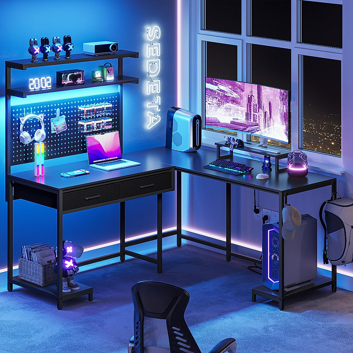 SEDETA L Shaped Gaming Desk with LED Lights, Pegboard and Drawers, Gaming Desk with Hutch, Computer Desk with Monitor Stand, Storage Shelves, Home Office Desk Corner Desk, Gaming Table, Black