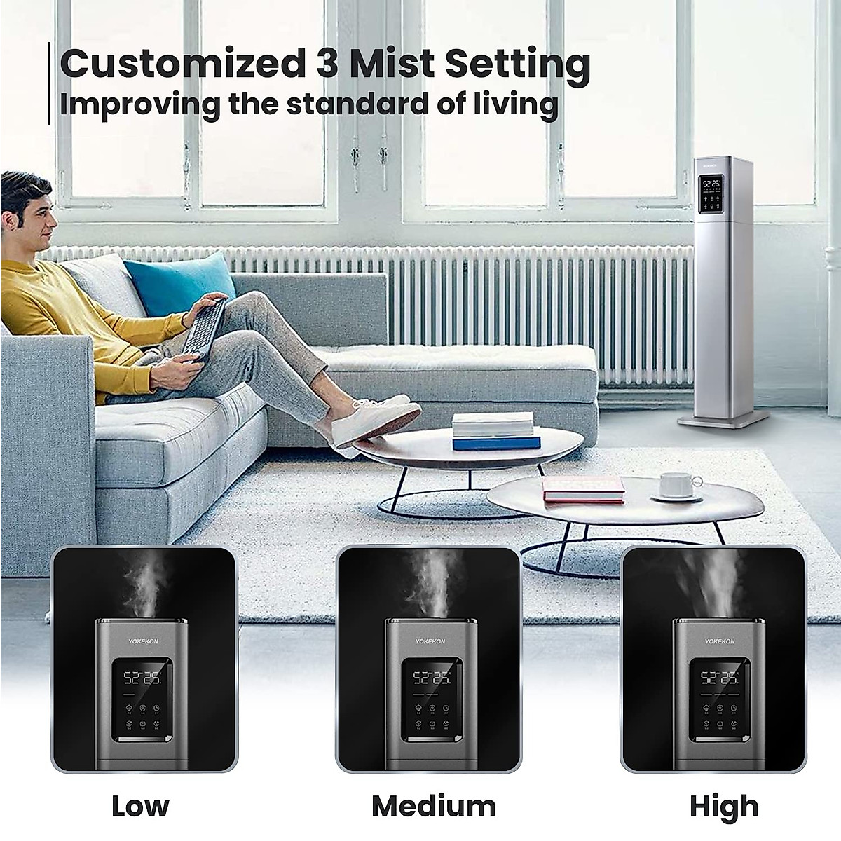 Humidifiers for Large Room Bedroom-YOKEKON 3.4Gal/13L Large Room Floor Humidifiers for Home, Ultrasonic Cool Mist Humidifier, Essential Oil Diffuser, Timer, Auto Shut-Off, Top Fill, Black…