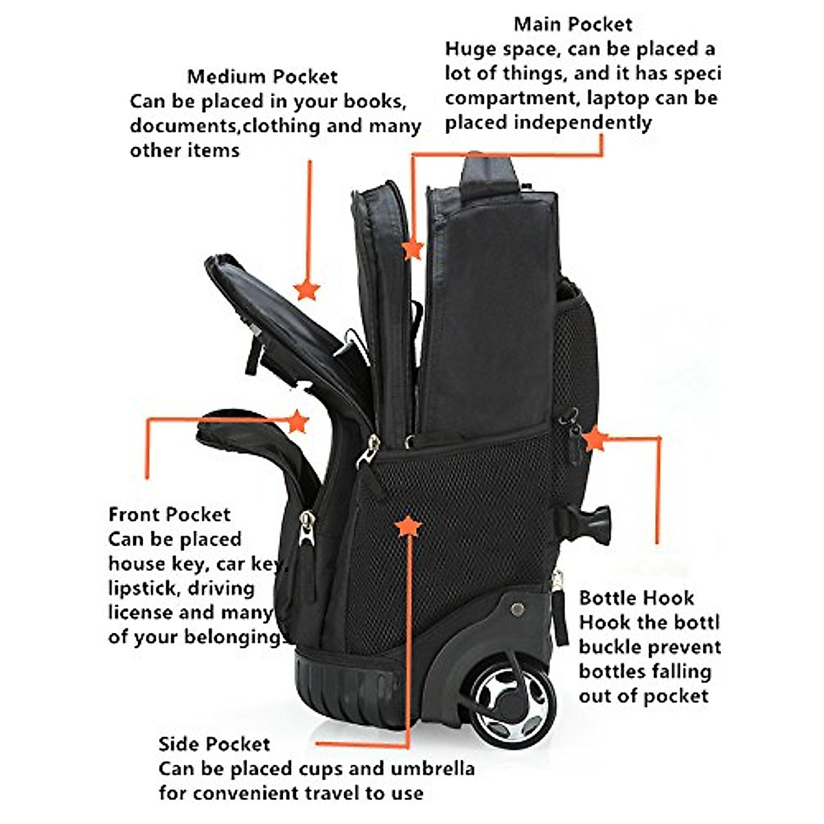 Tilami Unisex-Children Wheeled Rolling Backpack for Laptop, School, College and Travel - Waterproof - 18inch - Black