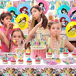BOSMAT Princess Birthday Decorations, Princess Party Supplies Includes Balloons, Happy Birthday Banner, Cake＆Cupcake Topper, Plates, Napkins, Cup, Tablecloth , Foil Balloon and Backdrop