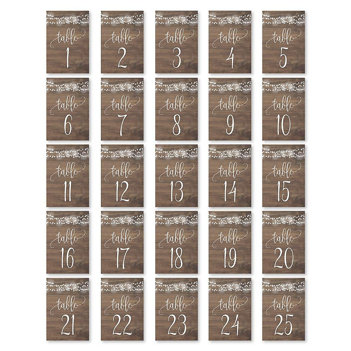 Hadley Designs 1-25 Rustic Wood Lights Table Number Double Sided Signs For Wedding Reception, Restaurant, Birthday Party Calligraphy Printed Numbered Card Centerpiece Reusable Frame Stand 4x6 Size