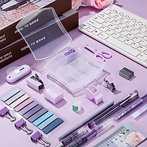 Colarr Mini Office Supply Kit Includes Stapler Tape Dispenser Staple Remover Paper Clips Scissor Staples Pen Sharpener Note Small Telescopic Knife for Office and School Clerk Student (Purple)