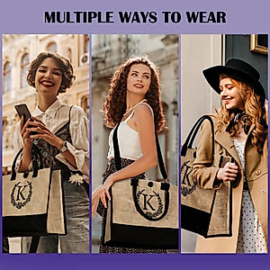 QLOVEA Beach Tote Bag for Women, Heavy Duty Initial Jute Canvas Bags with Strap and Inner Pocket, 14oz Personalized Birthday Wedding Gifts for Mom, Teacher, Friends, Bridesmaids, Nurse Letter S