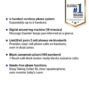 Panasonic Expandable Cordless Phone System with Link2Cell Bluetooth, Voice Assistant, Answering Machine and Call Blocking - 4 Cordless Handsets - KX-TGD664M (Metallic Black)