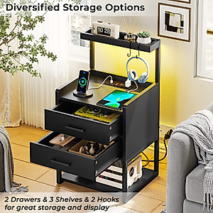 AOGLLATI Nightstand with LED Lights and Charging Station, 2 Drawers Bedroom Night Stand, 2 USB Ports, 2 Outlets, Bed Side Table with Storage Shelves, Black