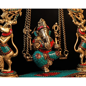 SHIVAJI ARTS Brass Ganesha Statue on Swing, 20 Inch Big Large Ganesh Idol on Jhoola in Brass, Swinging Ganesh Idol, Jhula Ganesh Murti, Showpiece