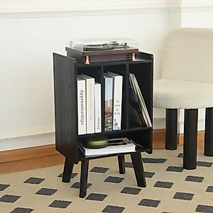 AWASEN Record Player Stand with Vinyl Storage, Turntable Stand with Record Storage, Vinyl Record Table Holds Up to 100 Albums, 3 Tier End Table for Living Room Bedroom Office Small Spaces (Black)