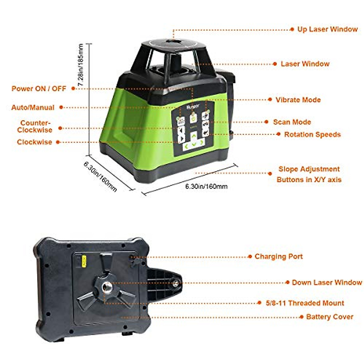 Huepar Electronic Self-Leveling Green Rotary Laser Level Kit -Horizontal&Vertical/Up & Down Plumb Dots -Dual Slope Rotating Laser Level Line with Green Beam, Remote Control, Receiver Included RL200HVG