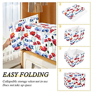 Flradish Poppy Flowers Collapsible Storage Box with Lid Closet Organizer with Handle Washable Stackable