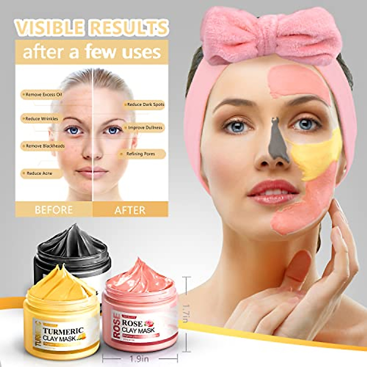 5 Pcs Face Mask Skin Care Set for Deep Pore Cleansing Turmeric Vitamin C Clay Mask, Dead Sea Mud Mask, Rose Clay Mask for Face Masks Skincare Personal Skin Care Products Gifts Headbands for Women