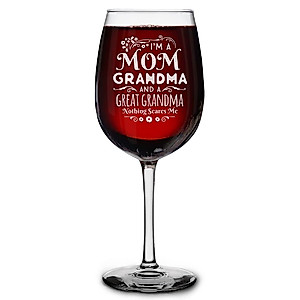 shop4ever I'm A Mom Grandma and Great Grandma Nothing Scares Me Laser Engraved Stemmed Wine Glass 16 oz. Grandmother Gift