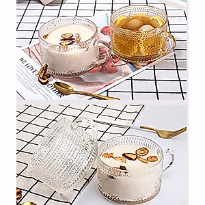 LUECMO Vintage Coffee Tea Cups [2 Pack], 14 oz Glass Tea Coffee Mugs, Clear Embossed Glass Cups for Cappuccino, Latte,Cereal, Yogurt, Beverage (Transparent)