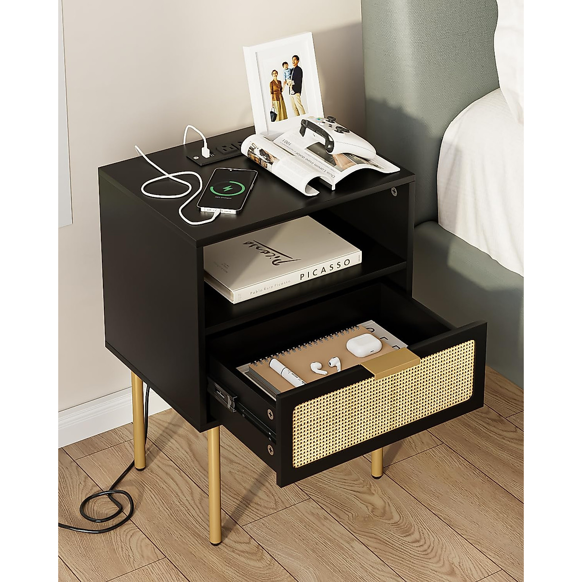 Aienvey Rattan Nightstand with Charging Station, Drawer Dresser for Bedroom, Small Bedside Table with Drawer, Night Stand, End Table with Gold Frame for Living Room, Black