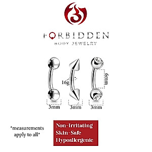 Forbidden Body Jewelry Value Pack 3pc Surgical Steel Ball/Spike/Crystal Curved Barbells (16g 6mm)