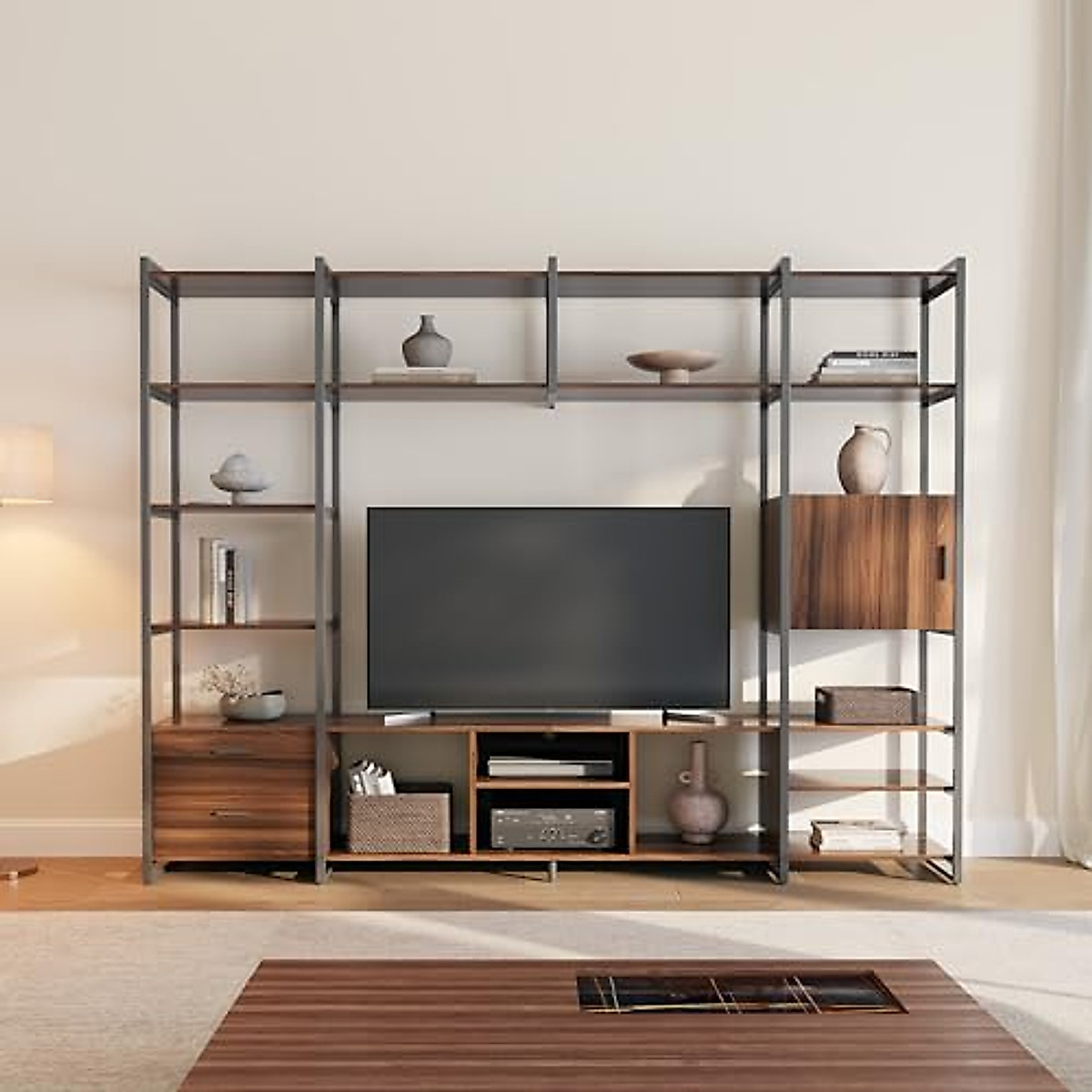 EUREKA ERGONOMIC Entertainment Center, TV Stand with Drawers Cabinet Storage Bookshelves, 111 Inch Wide Modern Media Console Cabinet for 65" TV Walnut Veneer Metal TV Console Table for Living Room