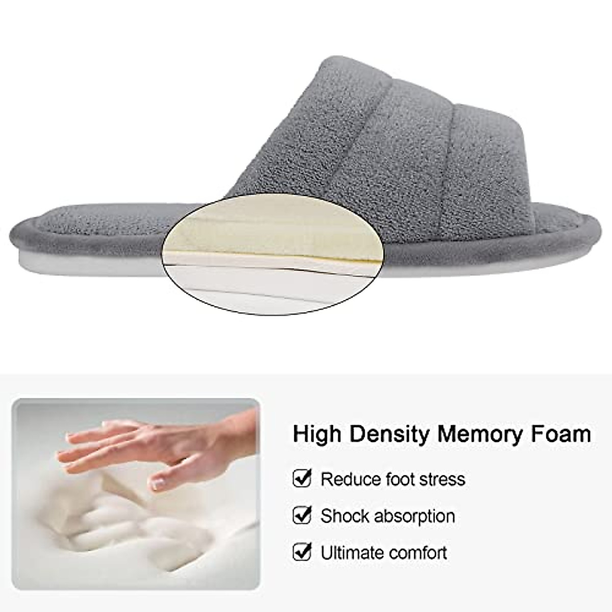 shevalues Unisex Terry Cloth Open Toe Slippers Womens Memory Foam Slip On House Slippers Shoes, Grey, 7.5-8.5 Women/6-7 Men