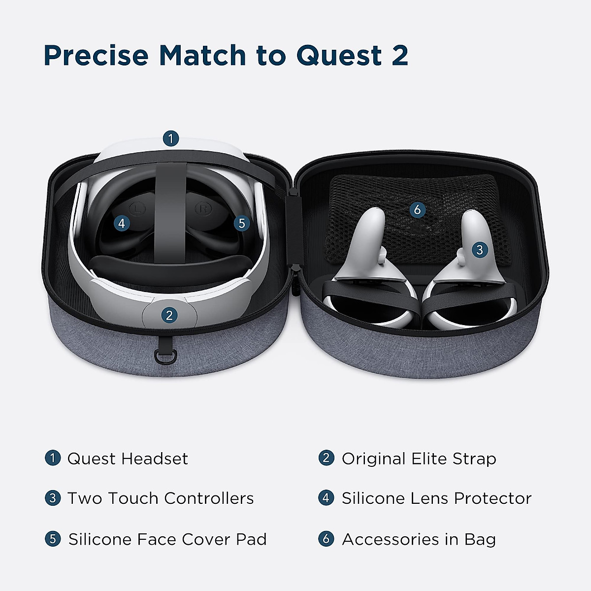 KIWI design Hard Protective Carry Case Compatible with Quest 2, Fit Original Stock Elite Strap Comfort Head Strap (No Battery One), 7 in 1 VR Accessories Travel Game Kit in Bundle