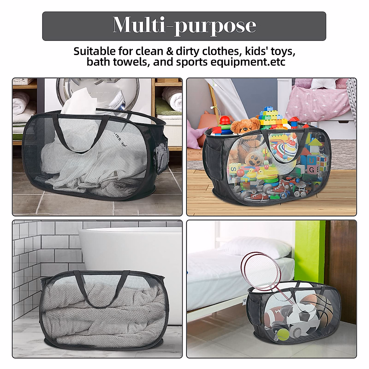 Durable Collapsible Laundry Baskets, Foldable Pop Up Laundry Basket, Mesh Clothes Hamper with Handy Pocket Reinforced Carry Handles for Laundry, Bathroom, Dorm, Travel Black+Grey+White