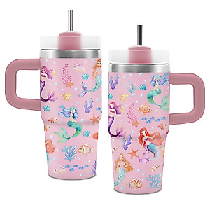 Mermaid Gifts for Girls, Little Mermaid Tumbler with Handle and Straw for Kids 14 oz, Mermaid Gifts for Ocean Lover, Insulated Stainless Steel Mermaid Cup, Mermaid Birthday Gifts for Toddlers Girls