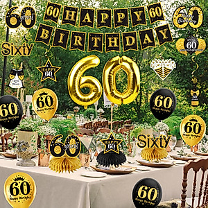 Turypaty 36Pcs 60th Birthday Decorations Kit for Men Women, Black Gold Happy 60 Birthday Banner Balloons Honeycomb Centerpiece Hanging Swirls Kit Party Supplies, Sixty Year Old Bday Table Topper