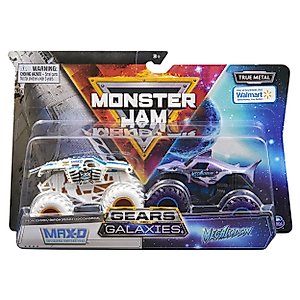 DieCast MonsterJam 2 Pack Max D vs Megalodon, Gears and Galaxies