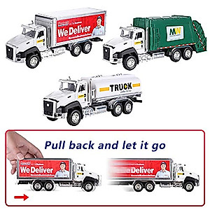 G.C 3 Pack Diecast Transport Vehicles Truck Toys Set Garbage Truck Tanker Delivery Truck 1:50 Scale Pull Back Metal Model Car Toys for Boys