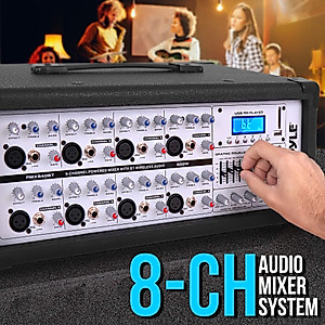 Pyle 8-Ch. Bluetooth Stage Powered Mixer - 800W Pro Audio Sound Mixer, MP3/USB/SD Readers, Aux(3.5mm) Input, RCA & 1/4'' Effects Loop Connectors, Digital LCD Display, Built-in Cooling Fan - PMX840BT