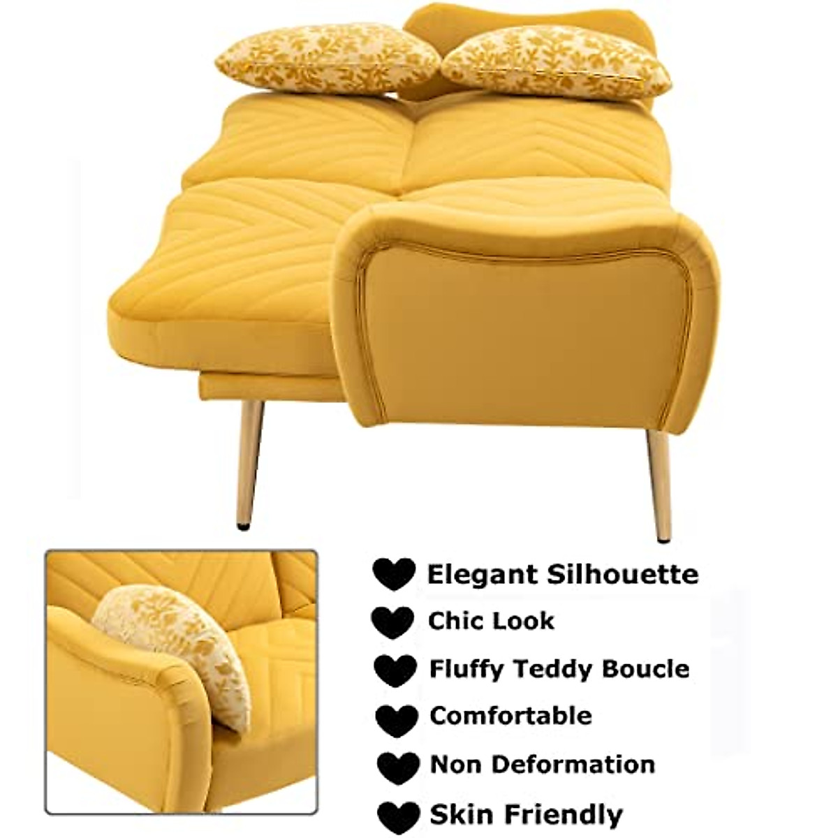 65" Velvet Futon Sofa Bed with 2 Pillows, Modern Accent Sofa Comfy Upholstered Sofa Loveseat Sleeper Bed Couch 2 Seater Folding Sofa for Small Space (Mustard)