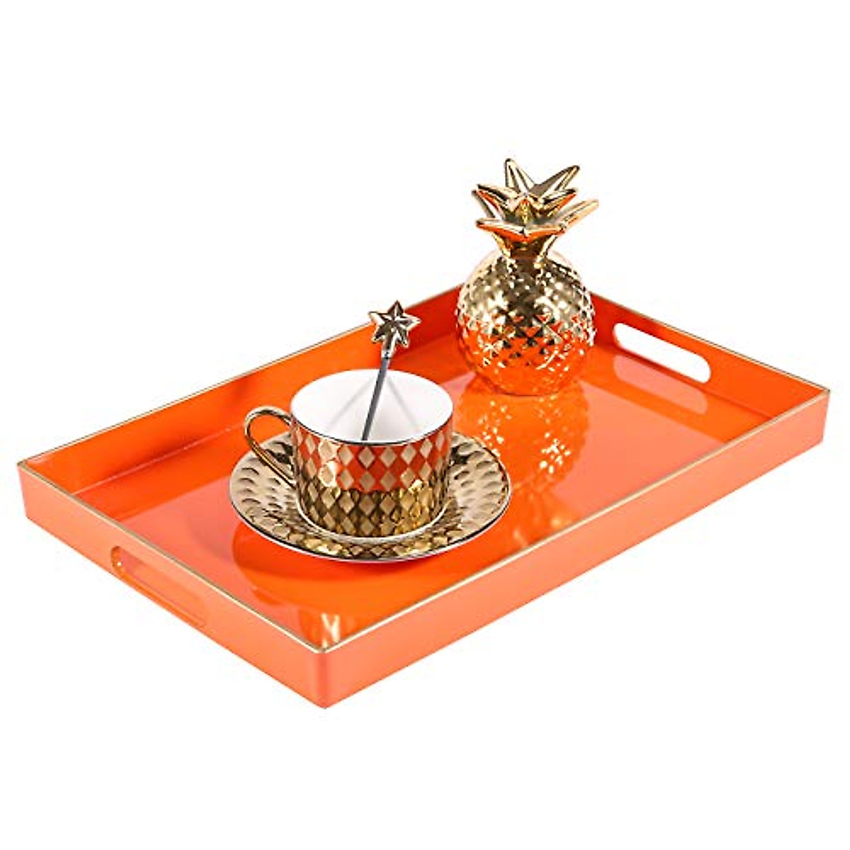 Zosenley Decorative Tray, Rectangular Plastic Tray with Handles, Modern Vanity Tray and Serving Tray for Bathroom, Kitchen, Ottoman and Coffee Table, 15.6” x 10.2”, Orange