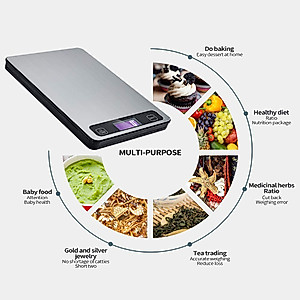 Digital Kitchen Food Scale for Baking,Weight Loss,Grams and Ounces OZ Lb ML,5 Units,1g to 33lb, Stainless Steel with LCD Display,Silver Black (Include AAA Battery)