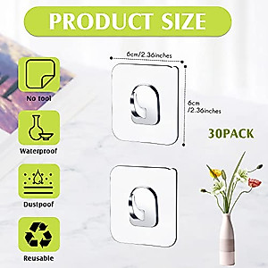 Yinkin 30 Pieces Clear Wall Hooks 15 lb (max) Adhesive Hooks for Hanging Plastic Sticky Hooks Heavy Duty Hook Transparent Drill Free Reusable for Hat Kitchen Bathroom Office, No Trace No Scratch