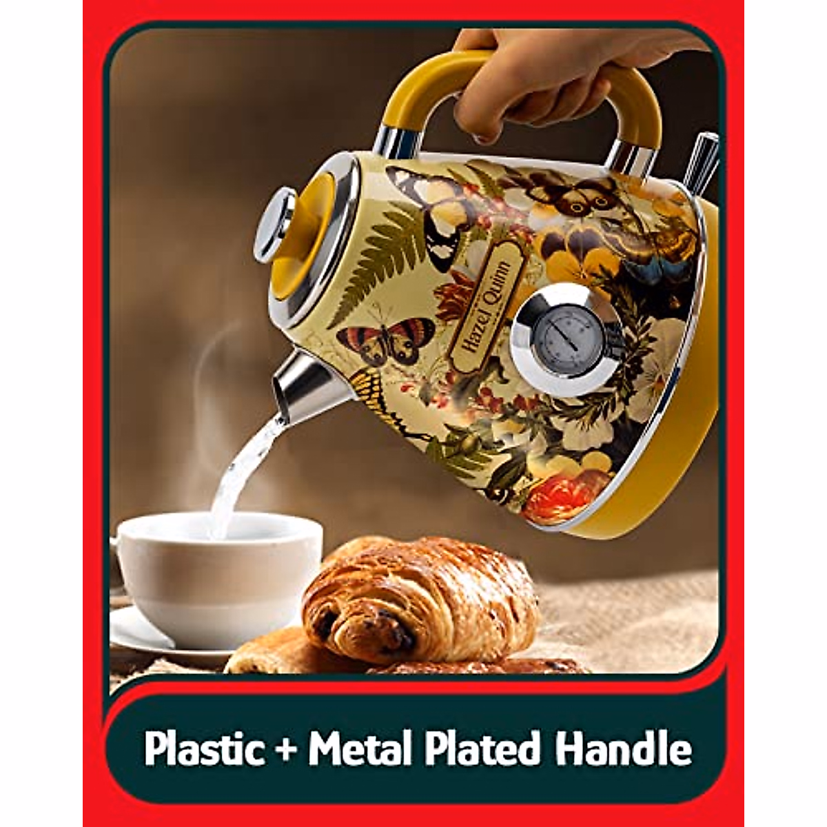 Hazel Quinn X Eduardo Recife Collaboration Electric Kettle with Thermometer - 1.7 Litres / 57.5 Ounces Retro Tea Kettle, All Stainless Steel, Fast Boiling 1200W, Cordless, BPA-free, Automatic Shut-Off