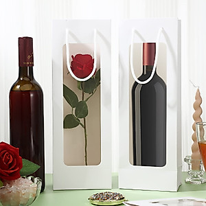 50 Pcs Wine Gift Bag with Window 4.9" x 3.6" x 14.2" Kraft Paper Wine Bags with Windows Kraft Paper Flower Wrapping Bag Transparent Window Bags for Valentine's Day Birthday Wedding Party Gift (White)