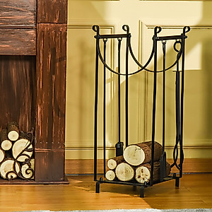 Outsunny Firewood Rack with Fireplace Tools, Indoor Outdoor Firewood Holder, 30.25" Tall Build with 2-Tiers for Fireplace, Wood Stove, Hearth or Fire Pit, Includes Poker, Tongs, Broom, Shovel, Black