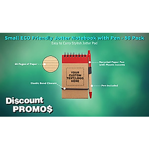 DISCOUNT PROMOS 50 ECO Jotters with Pen Set - Customizable Text, Logo - Recycled Paper, 3 x 5 inches, Minimalist, Handy - Red